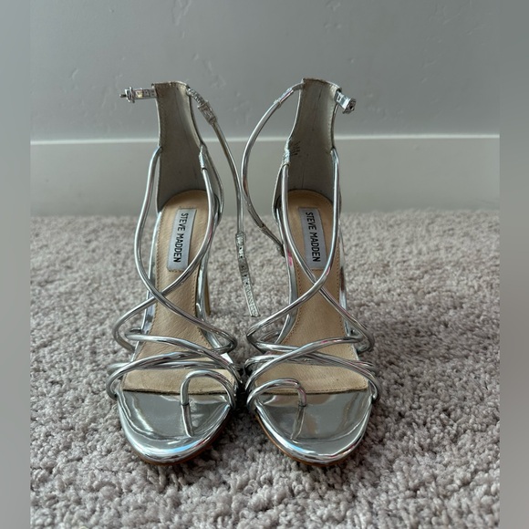 Steve Madden | Shoes | Steve Madden Metallic Silver Strappy Heels ...